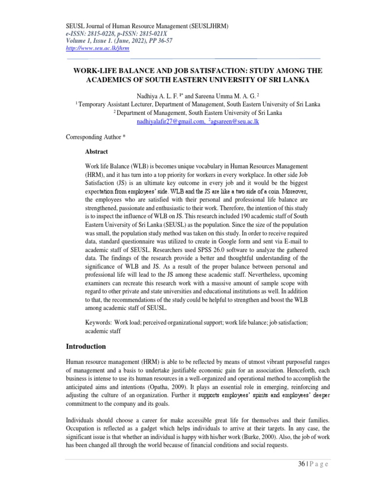 Work-Life Balance and Job Satisfaction - Study Among The Academics of ... Work-Life Balance and Job Satisfaction - Study Among The Academics of ...