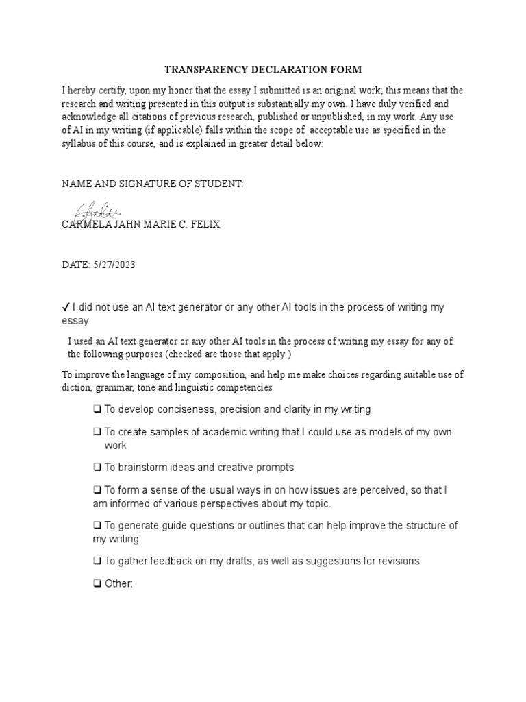 Transparency Declaration for Essay Submission | PDF | Dentistry ...