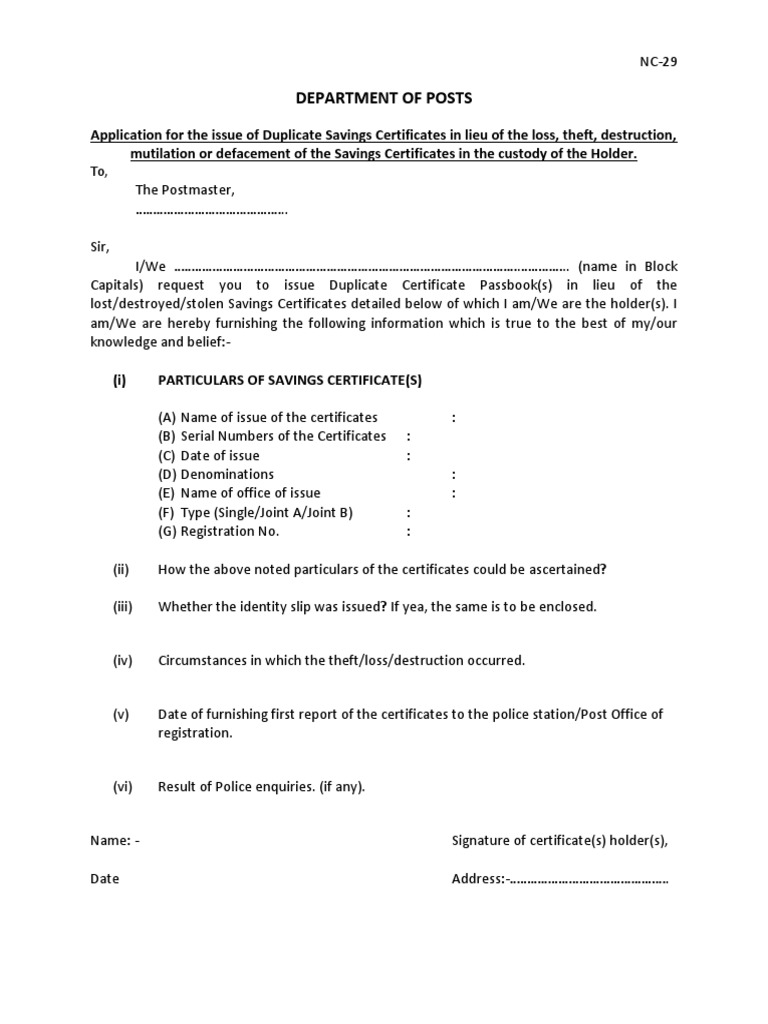 NC-29 Application For The Issue of Duplicate Savings Certificates | PDF ...