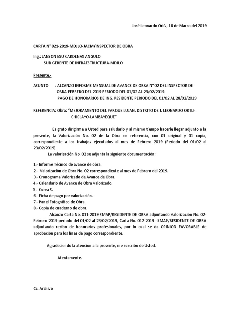 (X) Carta No 021 2019 JACM IO Informe Mensual de Obra No. 02 - Febrero ...