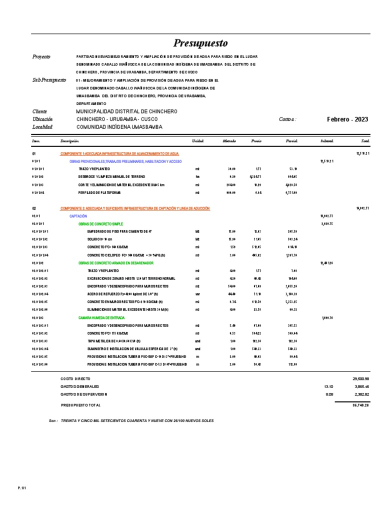 PRESUPUESTO PARTIDAS NUEVAS | PDF