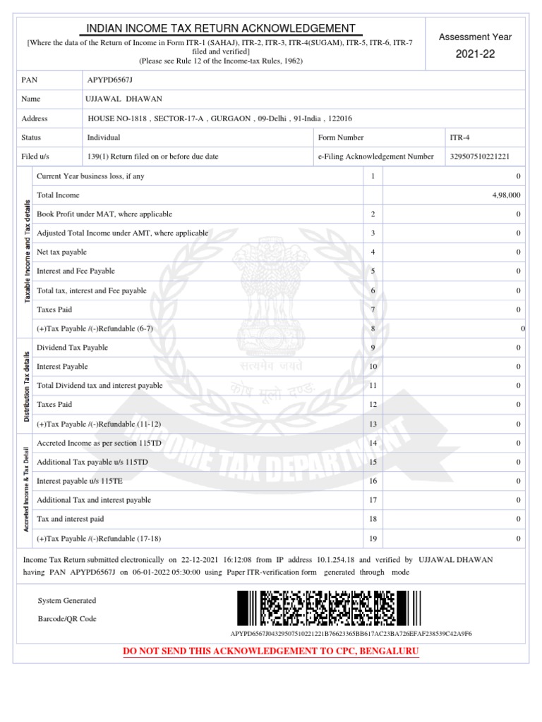 ITR ACKNOWLEDGEMENT A.Y. 2021-22 | PDF | Government Finances | Personal ...