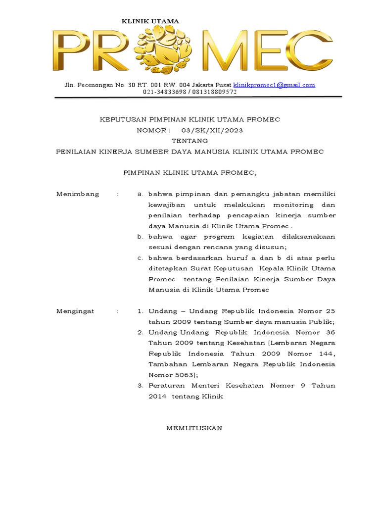 Penilaian Kinerja SDM Klinik Promec | PDF