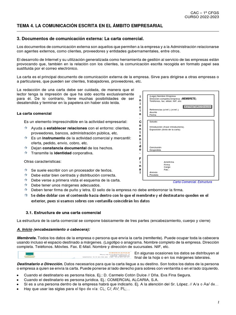 Tema 4. Documentación Externa - La Carta Comercial (I) | PDF | Papel