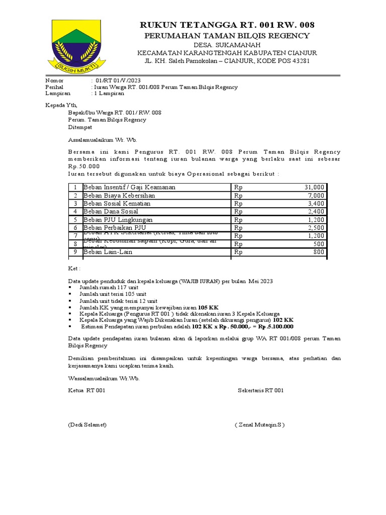 Surat Iuran Warga Perum Taman Bilqis Regency | PDF