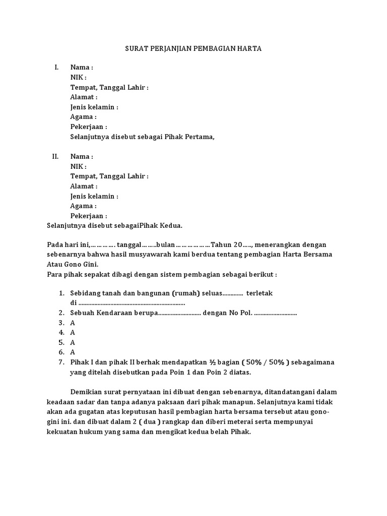 Surat Perjanjian Pembagian Harta | PDF