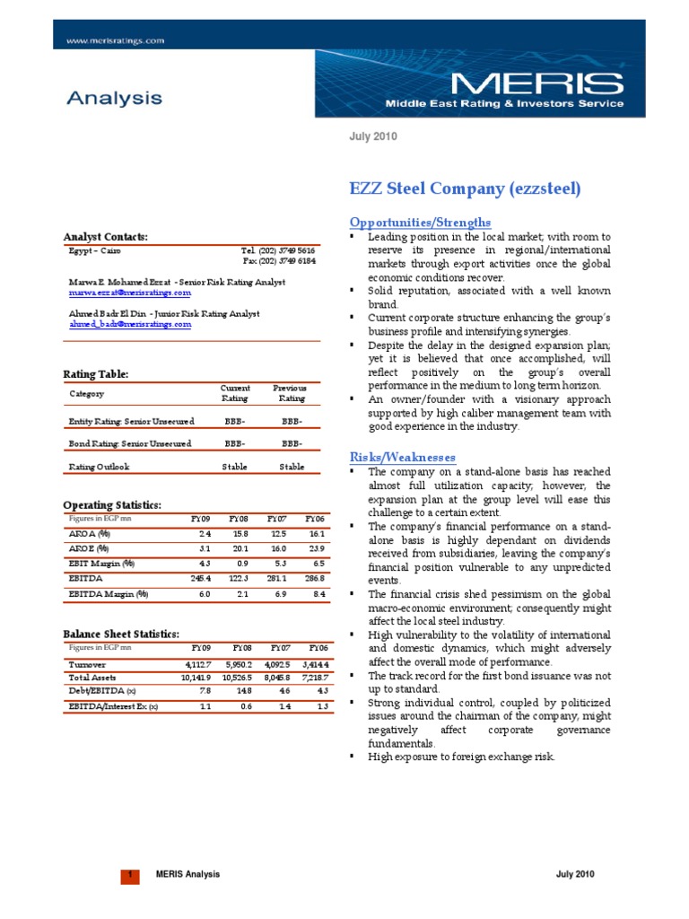 EZZ Steel Company (Ezzsteel) : Analyst Contacts | PDF | Loans | Debt