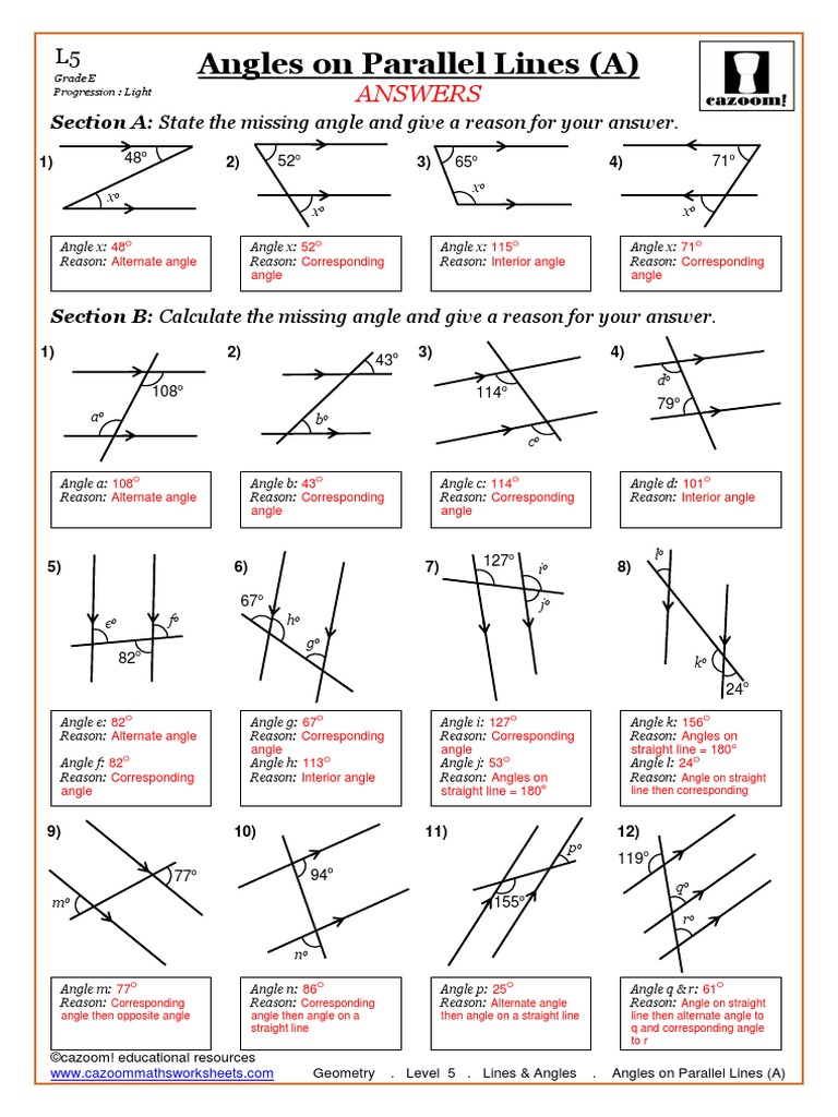Geometry.-Lines-and-Angles.-Angles-on-Parallel-Lines-A.-ANSWERS (2) | PDF