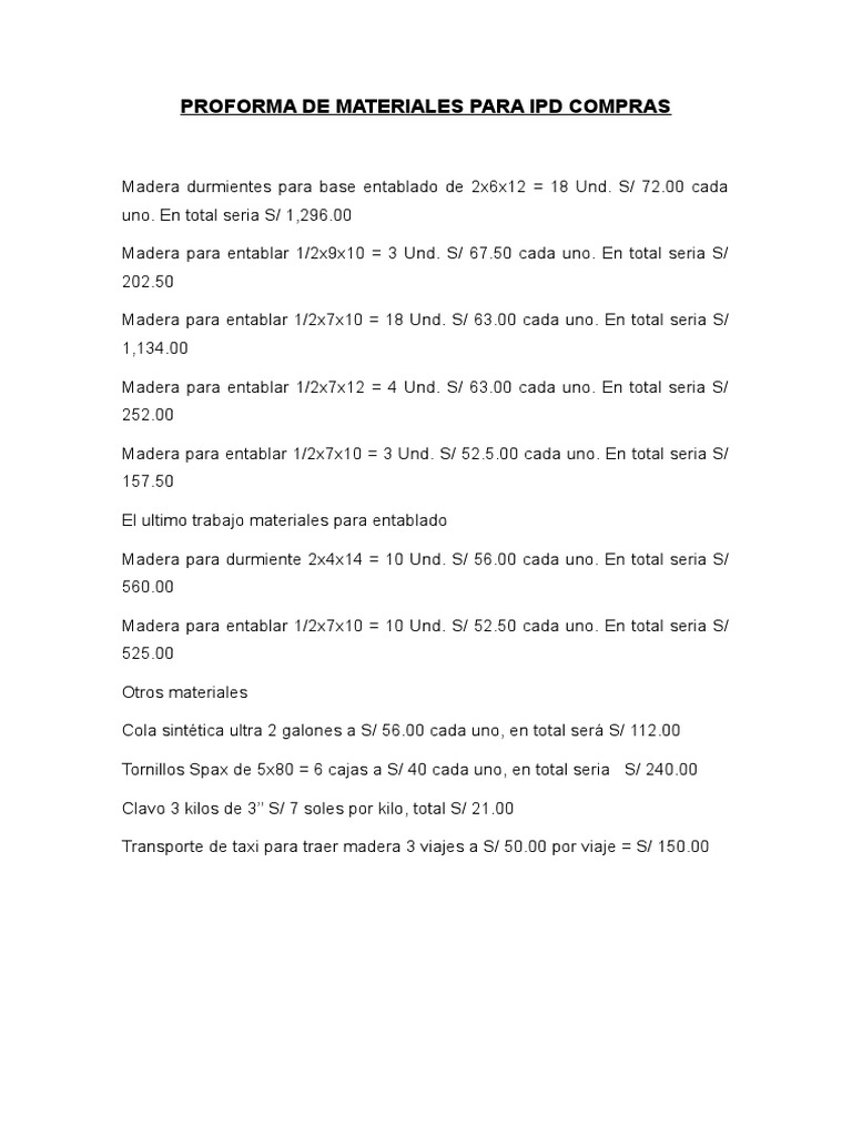 Proforma de Materiales para Ipd Compras | PDF