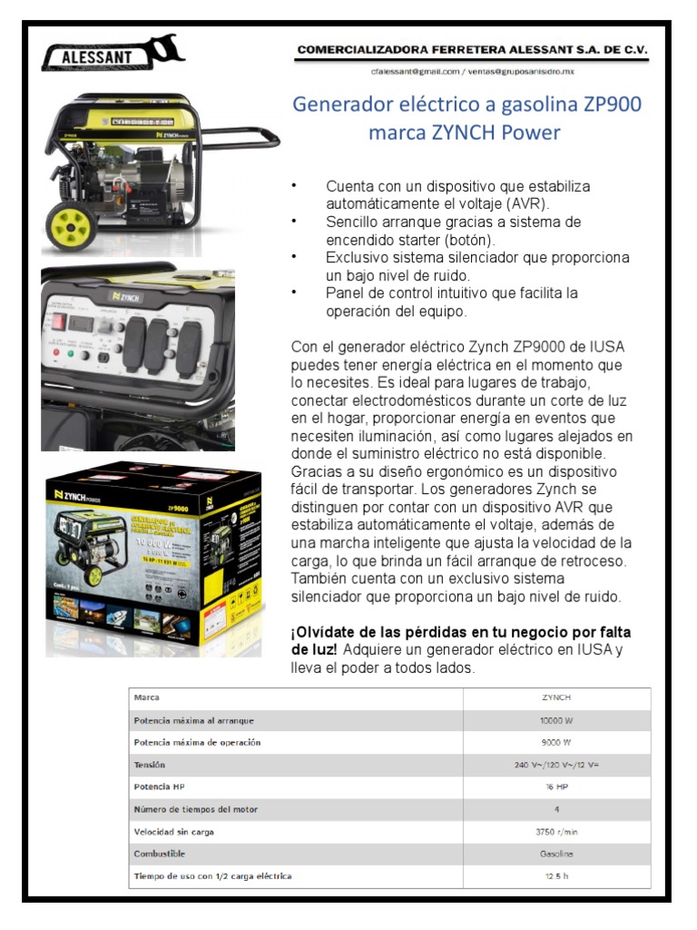 Generador Electrico A Gasolina Mod. ZP900 Marca ZYNCH Power | PDF