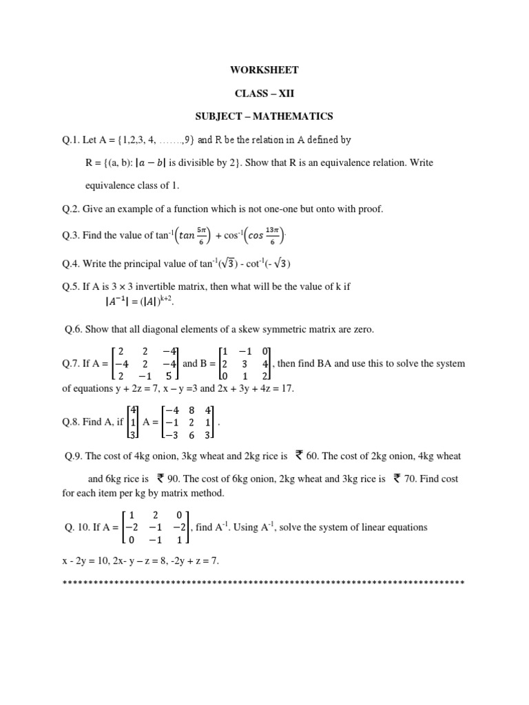 Class 12 Maths Worksheet | PDF