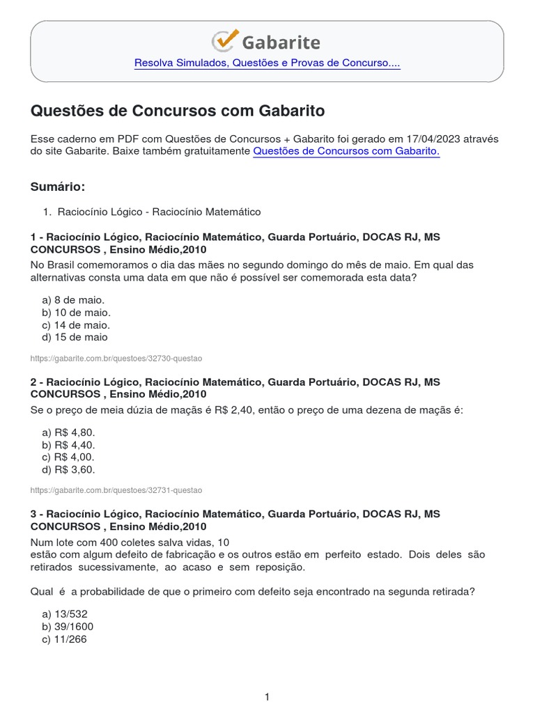 Caderno de Questoes Gabarite 2365077 | Download grátis PDF | Argumento ...