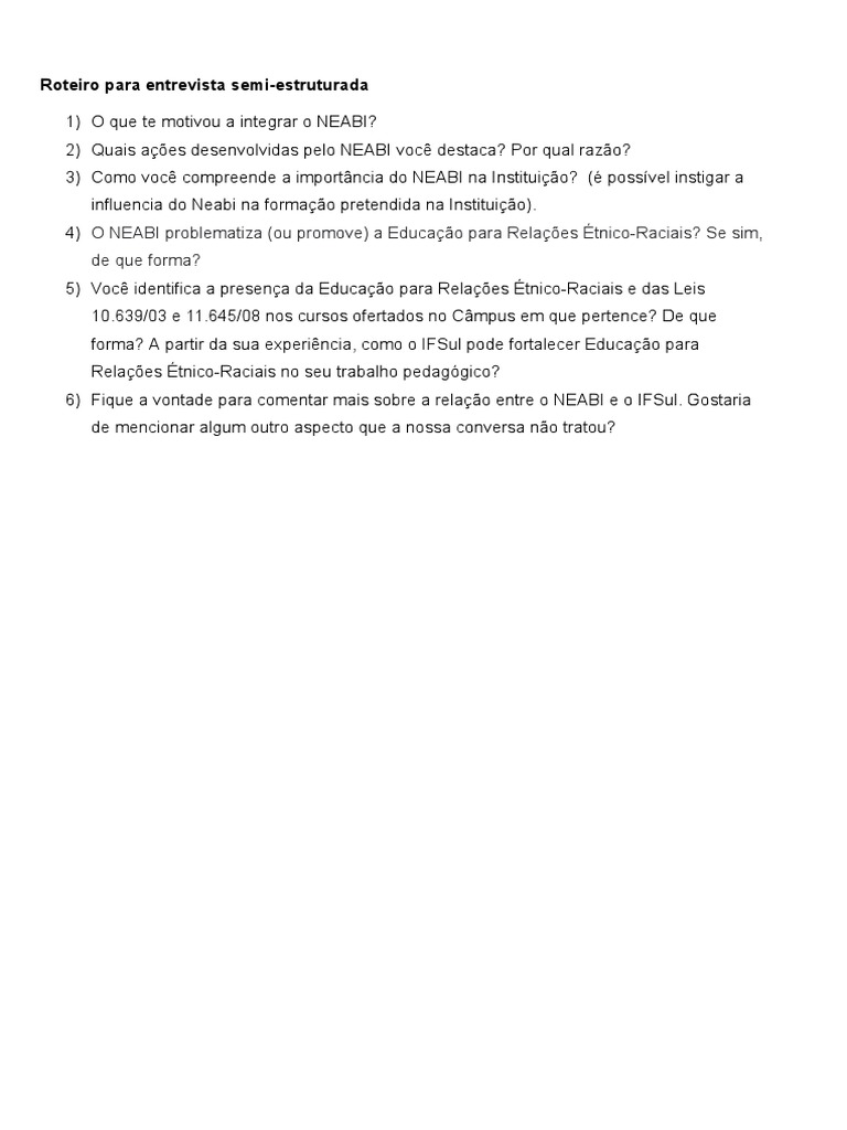 Roteiro para Entrevista Semi-Estruturada | PDF Roteiro para Entrevista Semi-Estruturada | PDF