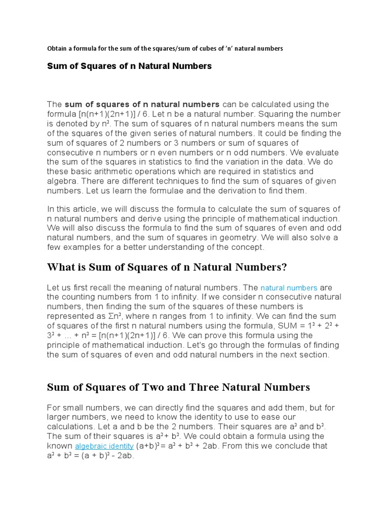 Obtain A Formula For The Sum of The Squares | PDF | Numbers | Summation