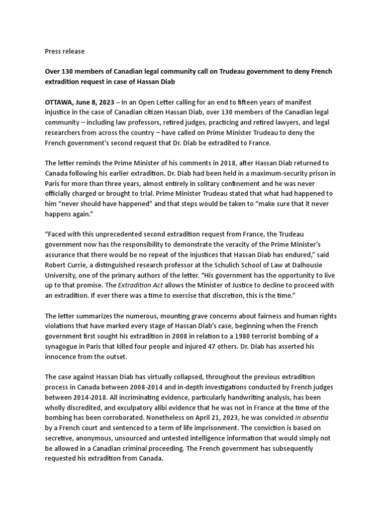 Press Release For Diab Legal Letter | PDF | Extradition | Justice