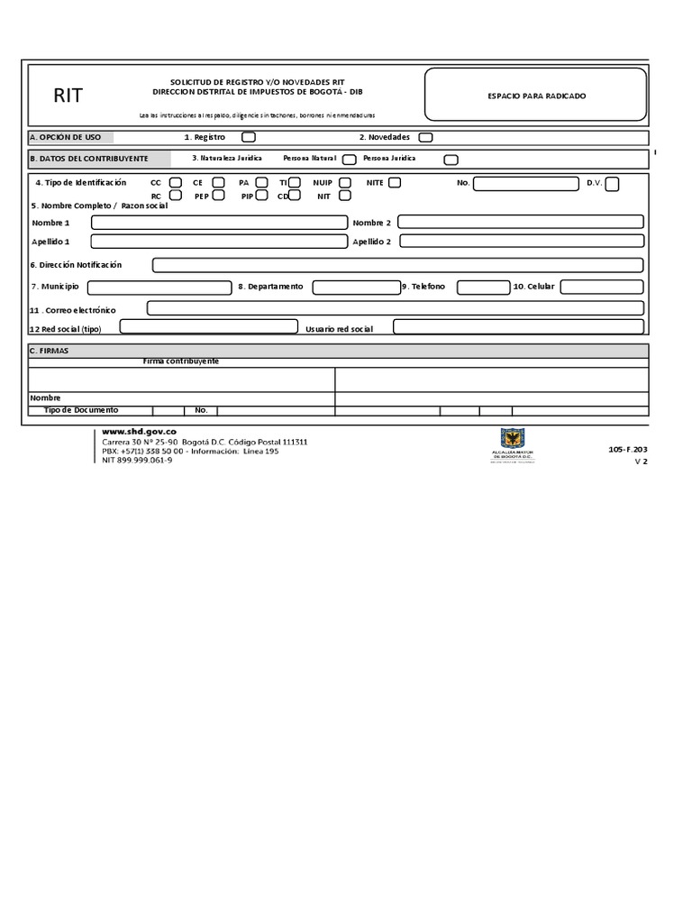 105 F.203 v2 Solicitud de Registro o Novedades Rit | PDF | Contribuyente | Gobierno y personalidad