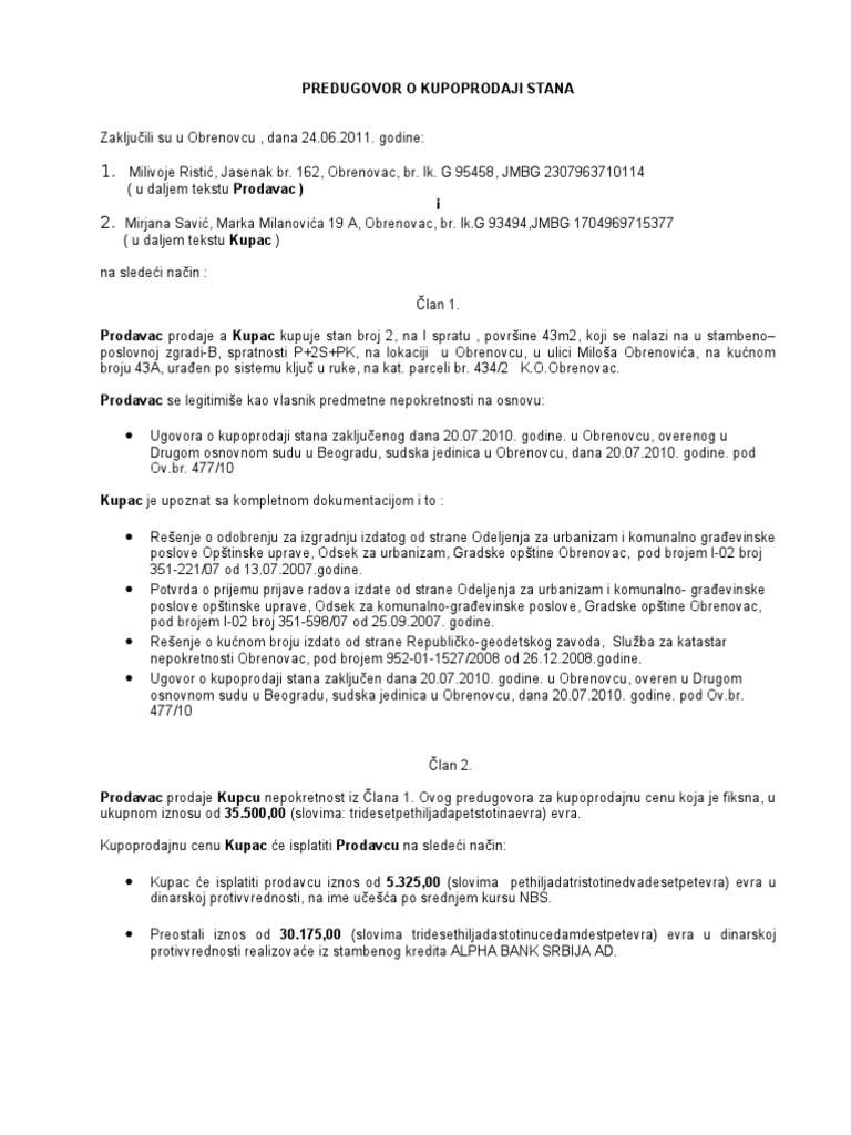 Predugovor o Kupoprodaji Stana | PDF