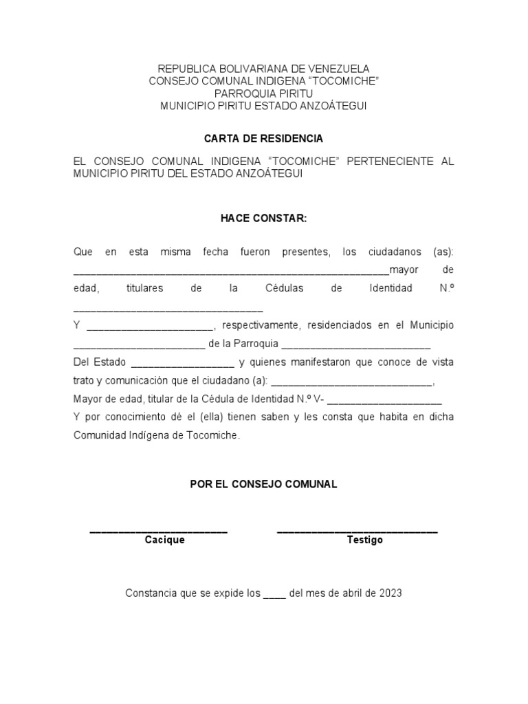 Carta de Residentcia Consejo Comunal Format | PDF
