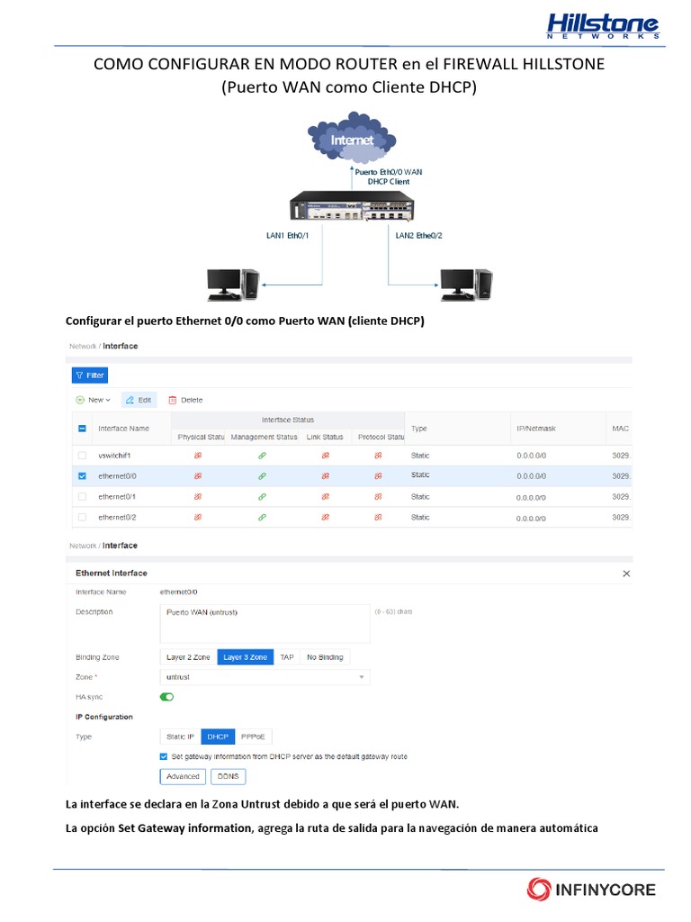 COMO CONFIGURAR EN MODO ROUTER en El FIREWALL HILLSTONE (Puerto WAN Como Cliente DHCP) | PDF