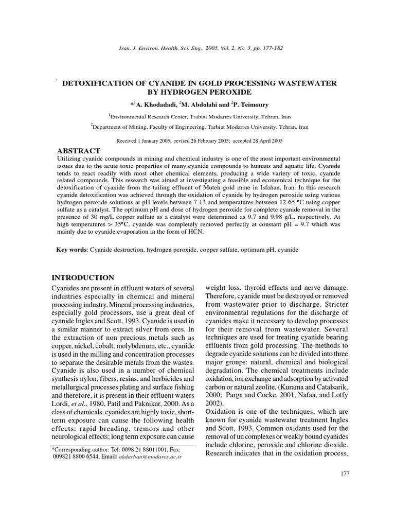 Cyanide Detoxification Process by Hydrogen Peroxide | PDF | Hydrogen Peroxide | Cyanide