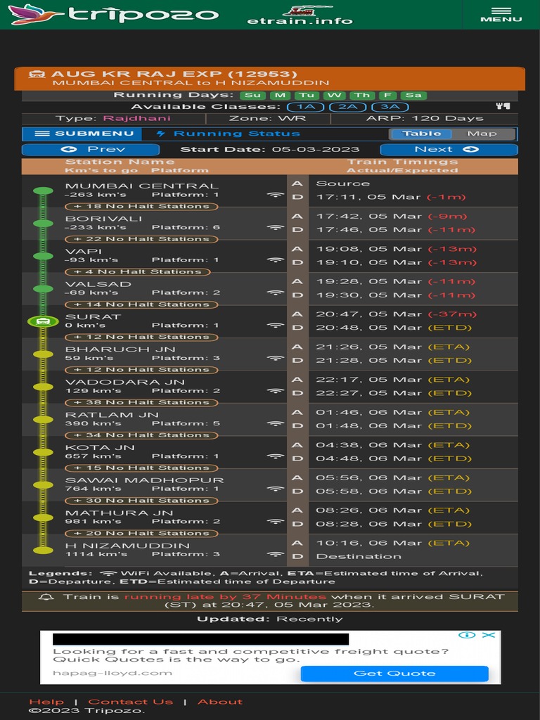 Live Running Status of AUG KR RAJ EXP (12953) | PDF