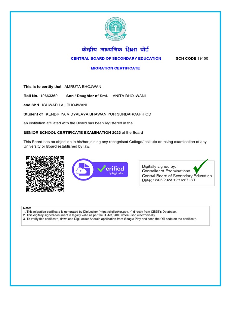 CBSE Migration Certificate Sample | PDF