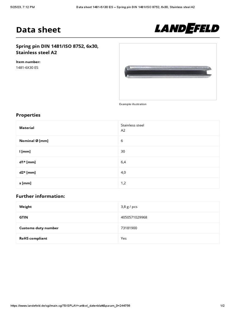 DIN 1481/ISO 8752 Spring Pin Data Sheet | PDF | Physical Sciences ...