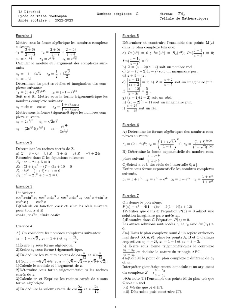 TD Nombre Complexes TS2 22 23-2 | PDF | Nombre complexe | Racine carrée