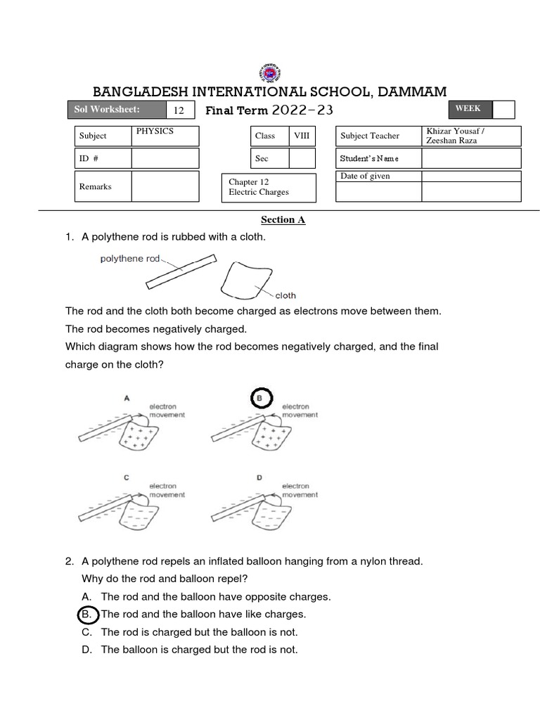 Sol Worksheet Chapter 12 | PDF | Electric Charge | Physical Quantities