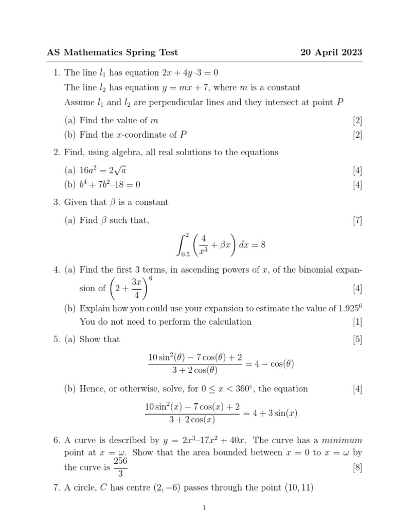 Y12 Spring Test Pdf Equations Circle