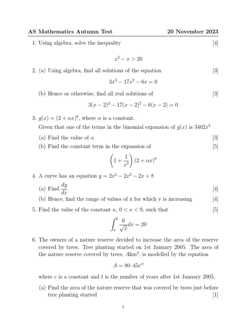 Y12 Autumn Test | Download Free PDF | Equations | Mathematical Physics