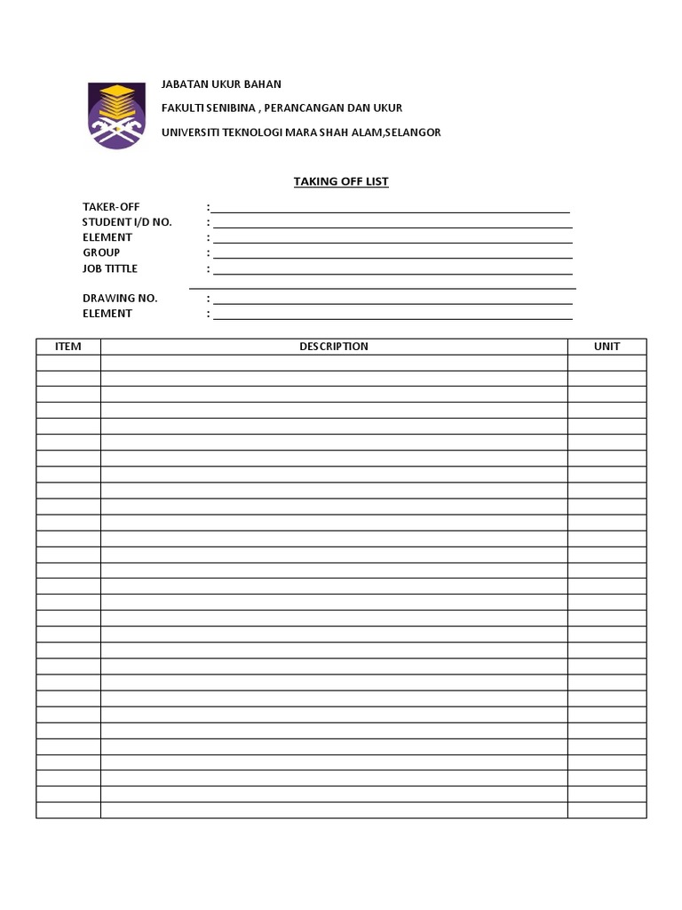 Taking Off List Example of Uitm Shah Alam | PDF | Technology & Engineering