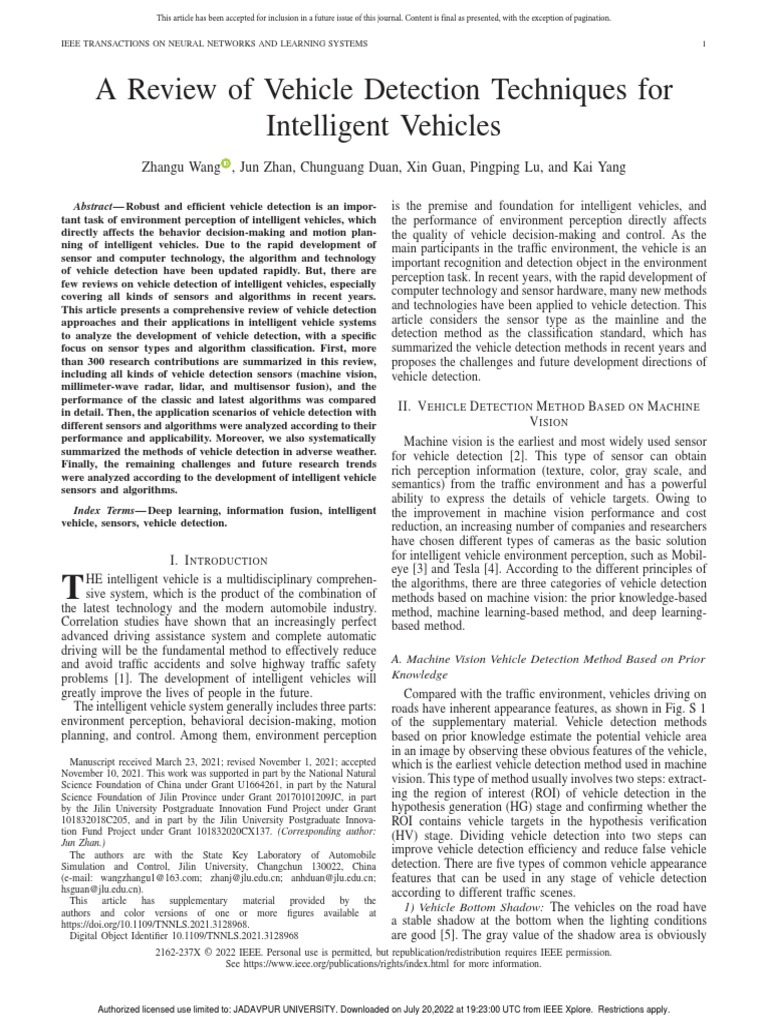 A Review Of Vehicle Detection Techniques For Intelligent Vehicles Pdf Radar Lidar