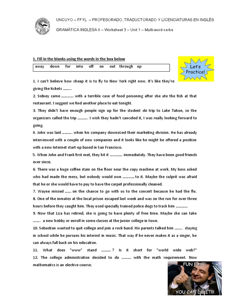 Worksheet 3 - Multi-Word Verbs | PDF