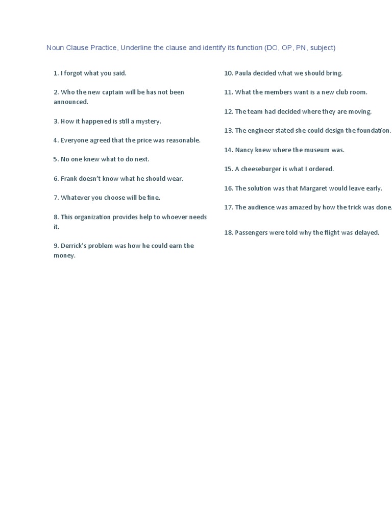 Noun Clause Function Practice Worksheet | PDF