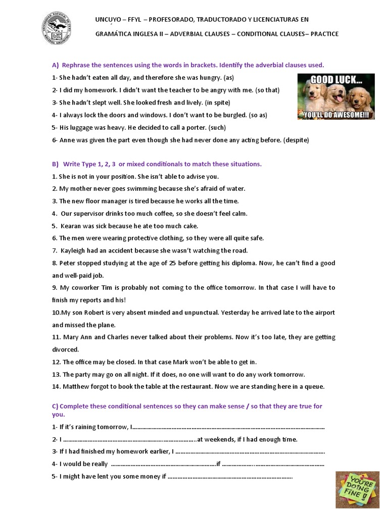 Worksheet 5 - Conditional Sentences and Adverbial Clauses | PDF