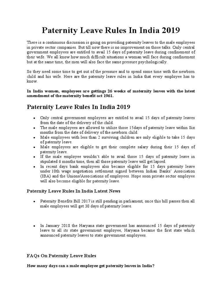 Paternity Leave Rules in India 2019 | PDF | Parental Leave | Family