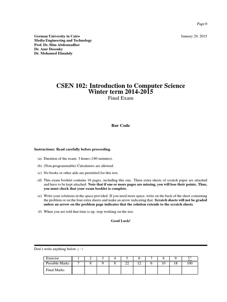 Computer Science Final Exam (2015) | PDF