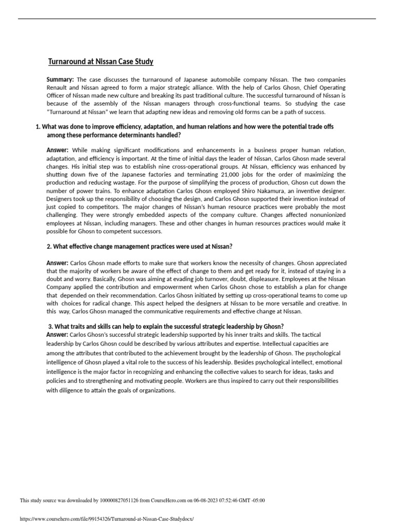 1-Turnaround at Nissan Case Study | PDF | Leadership | Nissan