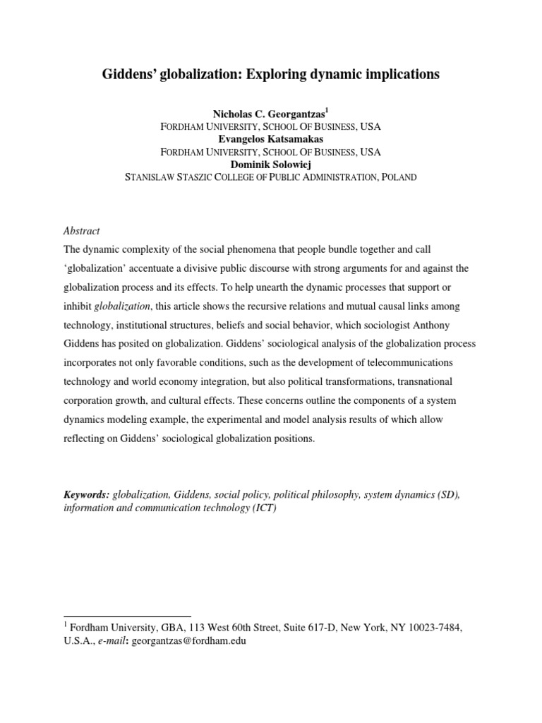 Giddens' Globalisation - Exploring Dynamic Implications | PDF Giddens' Globalisation - Exploring Dynamic Implications | PDF