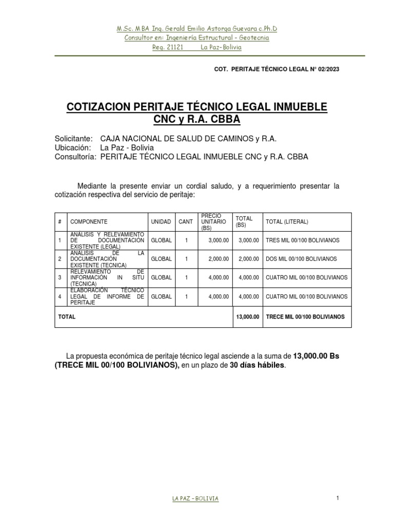 Cotización Peritaje Tecnico Legal CNC | PDF