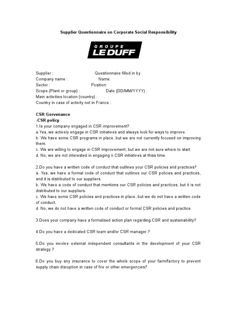 Supplier Questionnaire On Corporate Social Responsibility | PDF ...