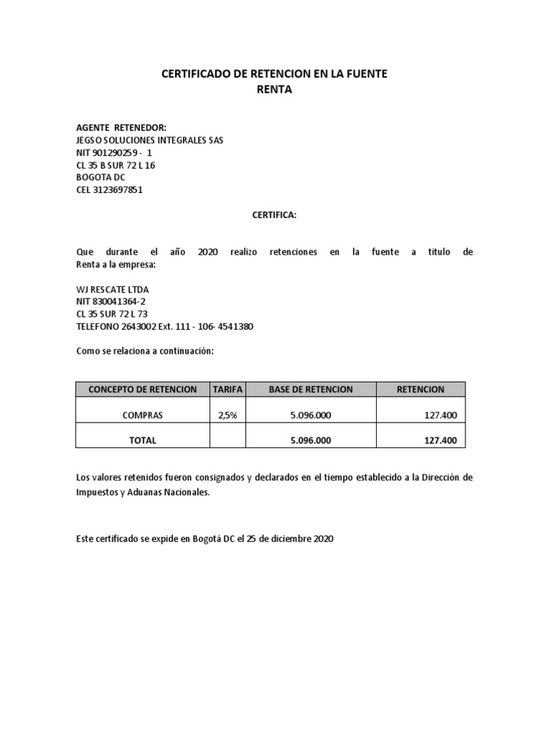 Certificado de Retencion en La Fuente | PDF