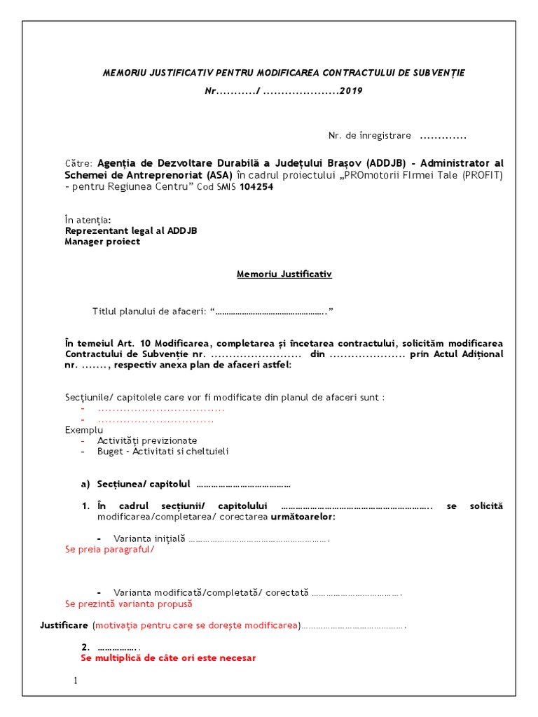 Memoriu Justificativ Act Aditional Contract Subventie | PDF