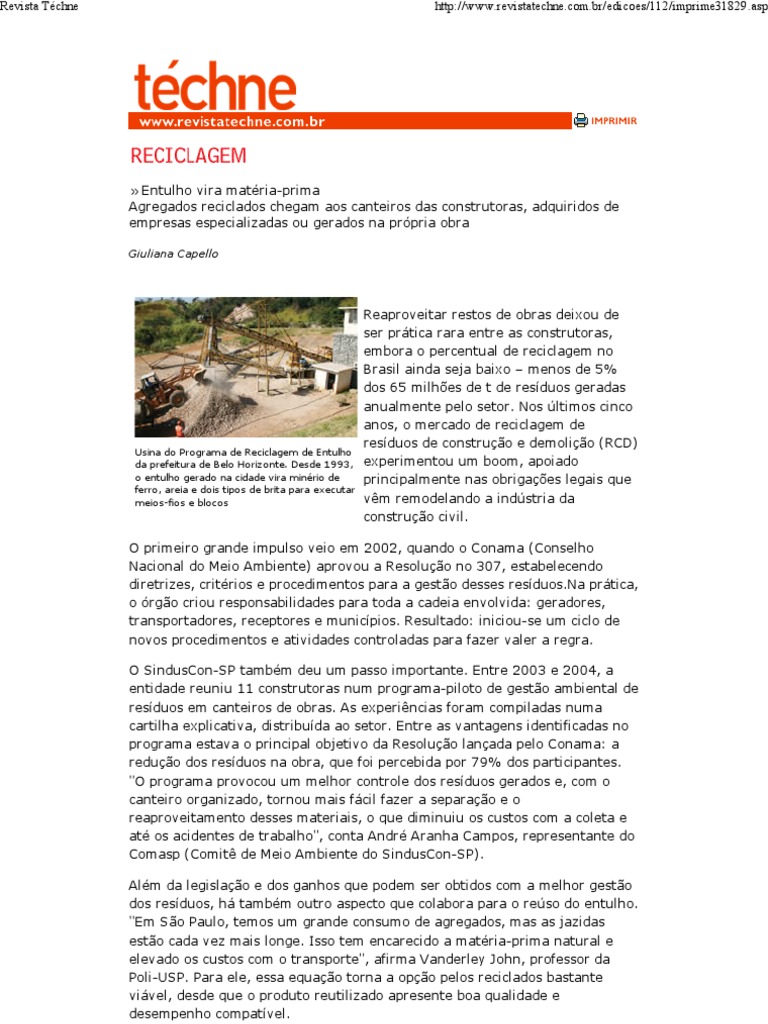 12 - PG RCC Reciclagem (Revista Téchne) | PDF | Reciclagem | Desperdício