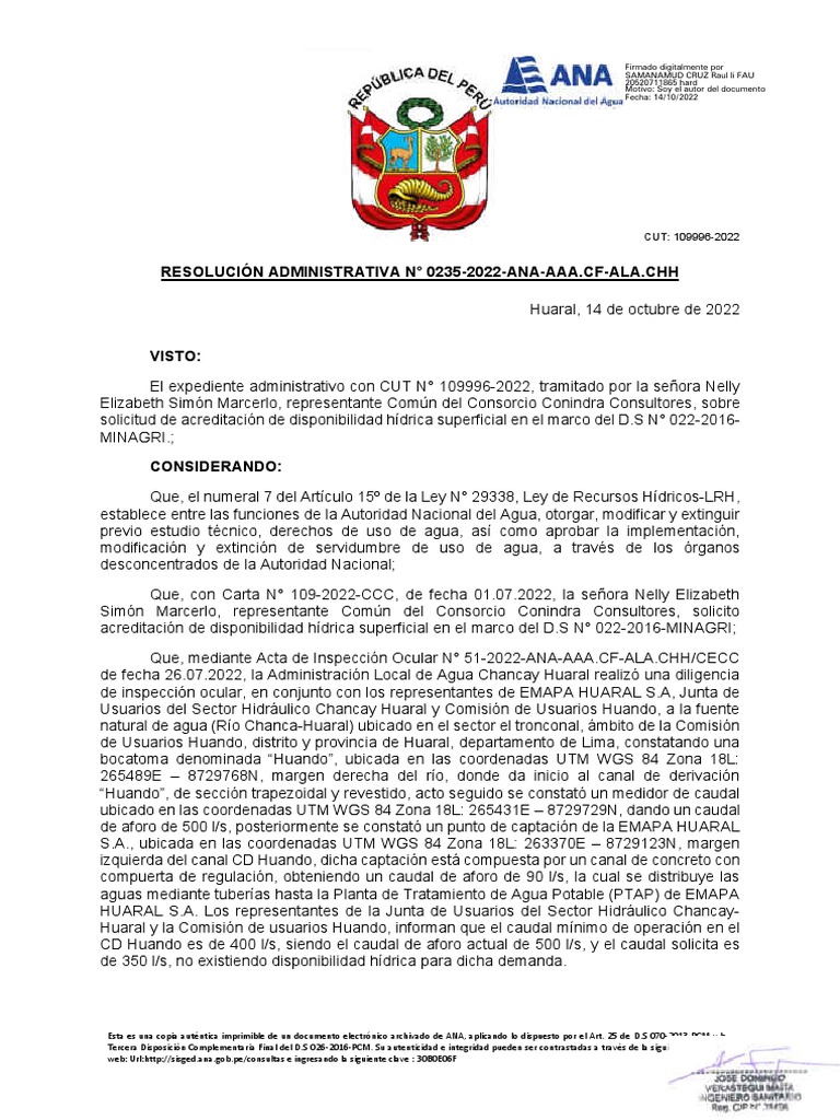 Resolución Administrativa #0235-2022-Ana-Aaa - Cf-Ala - CHH | PDF | Agua | Administracion del Agua