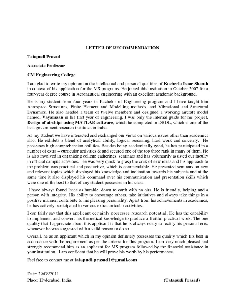 Letter of Recommendation | Engineering | Aerospace Engineering