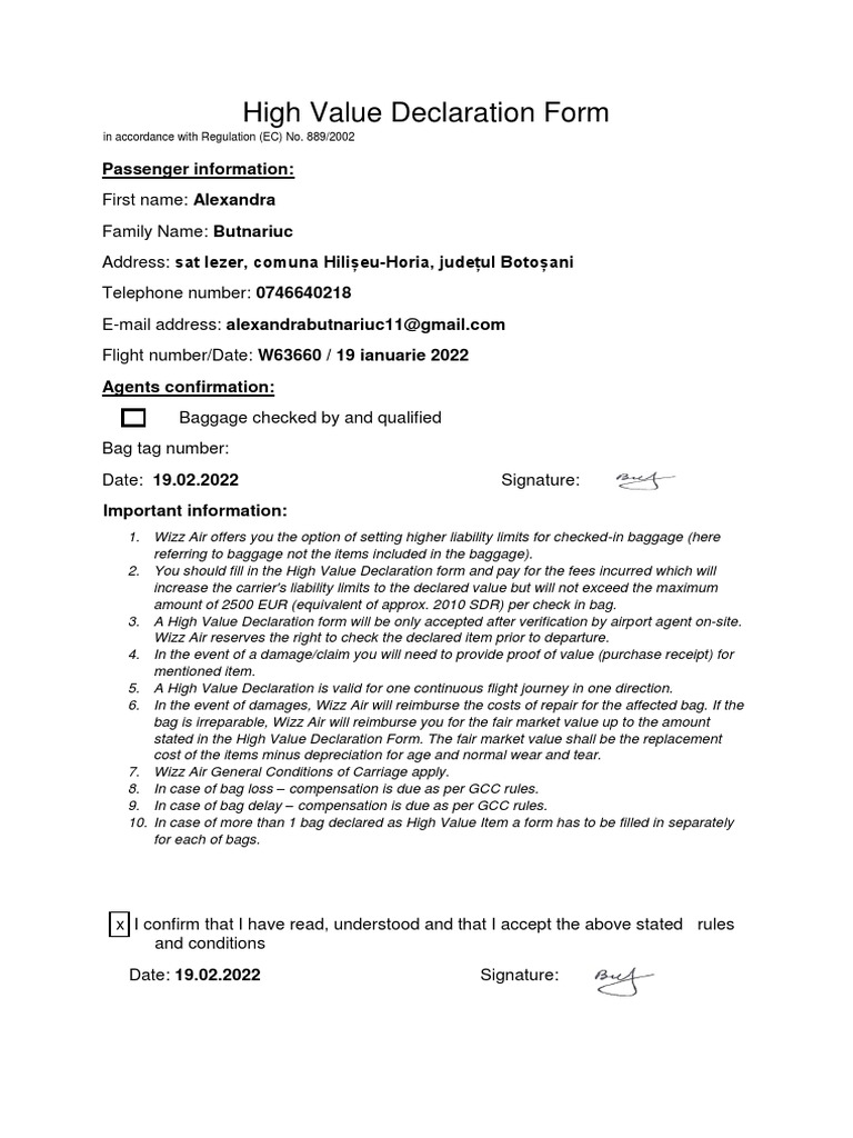 High Value Declaration Form 7d11a5fd1 | PDF