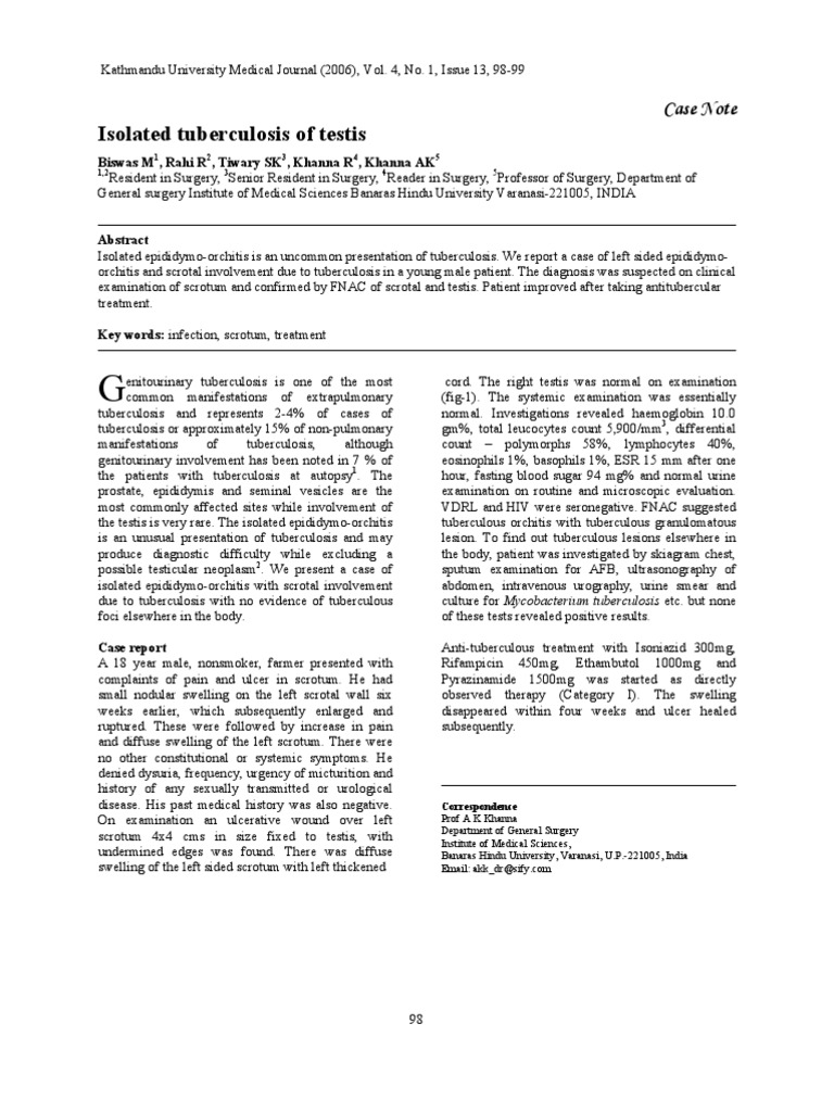 Isolated Tuberculosis of Testis: Case Note | PDF | Tuberculosis ...