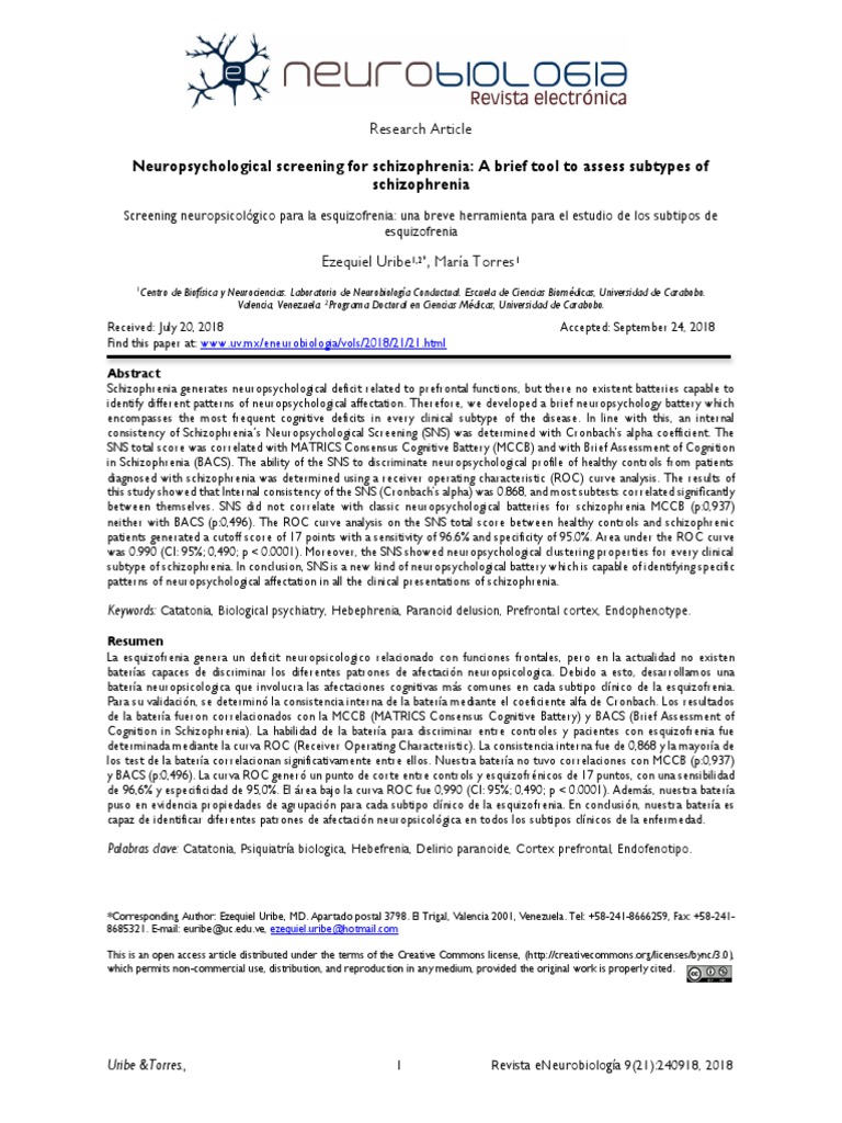 Neuropsychological Screening For Schizophrenia: A Brief Tool To Assess ...